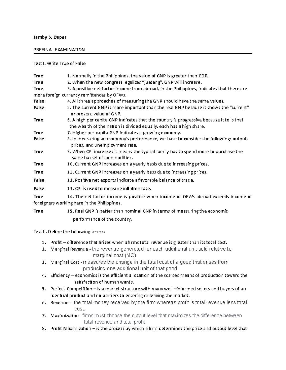 Dapar - Prefinal Examination - Jamby S. Dapar PREFINAL EXAMINATION Test ...