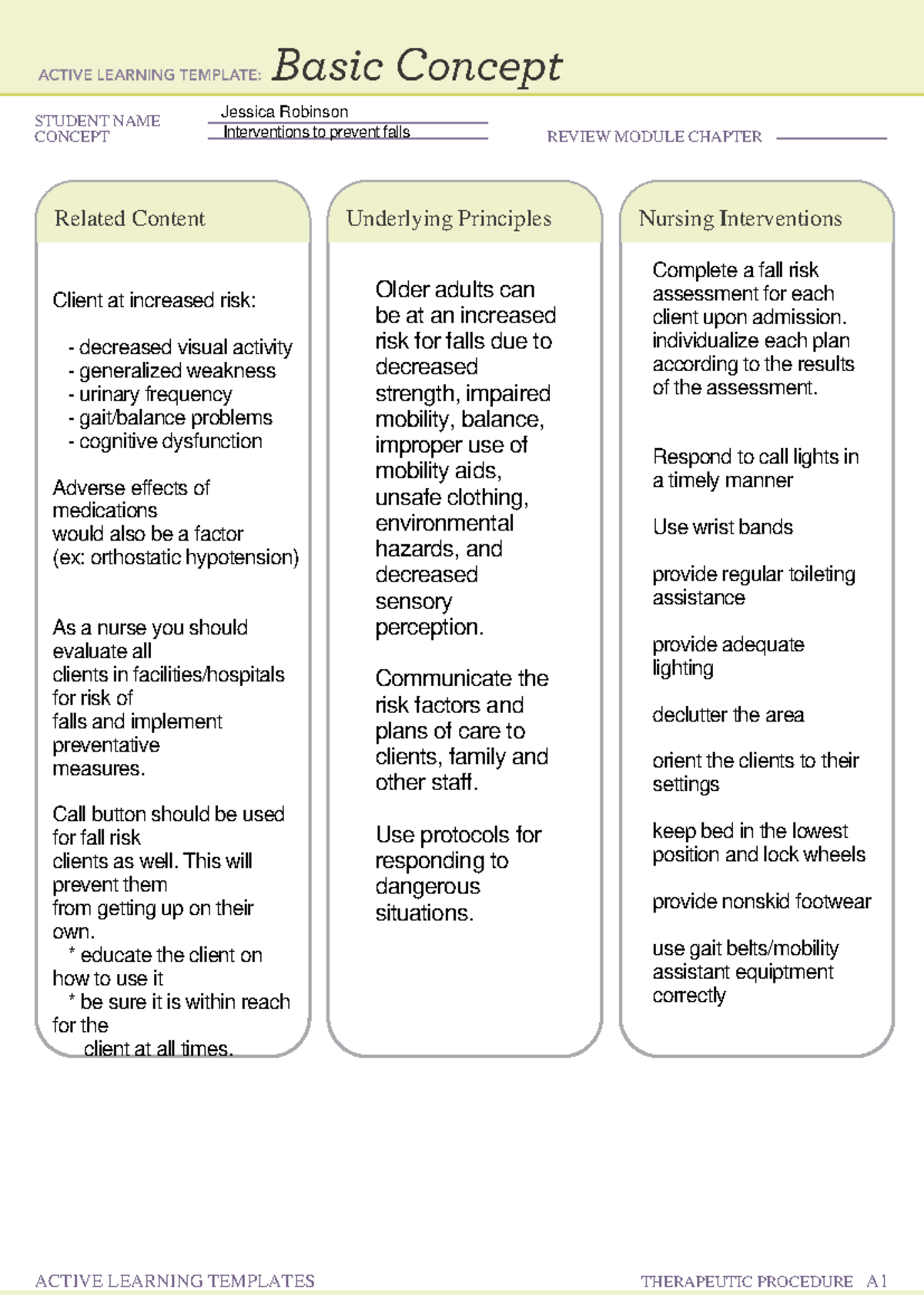 Basic Concept interventions for falls - NURS 101 - STUDENT NAME CONCEPT ...