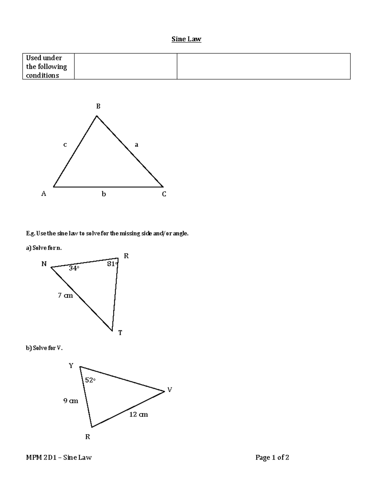10D 6.7 Sine Law - worksheet - MPM 2D1 – Sine Law Page 1 of 2 N R T 7 ...