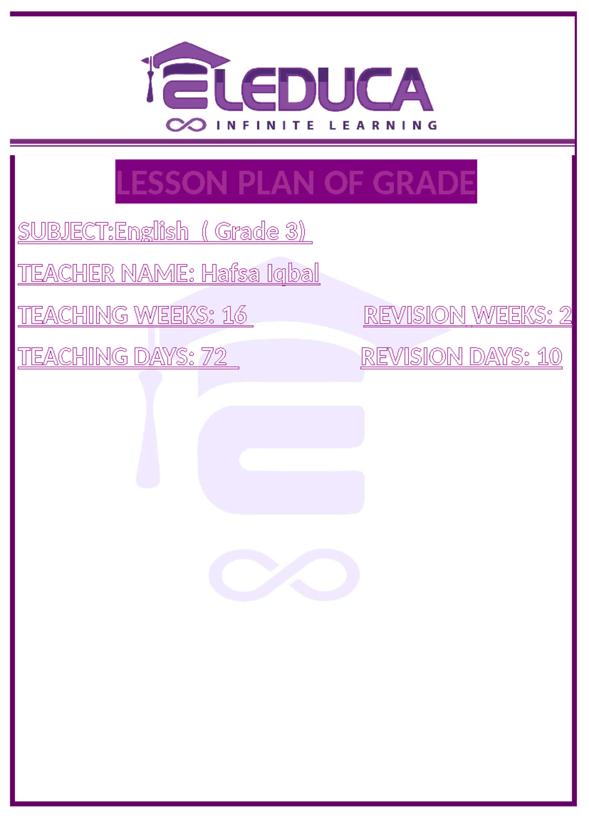 Lesson PLAN Grade 3- English (1) - LESSON PLAN OF GRADE SUBJECT:English ...