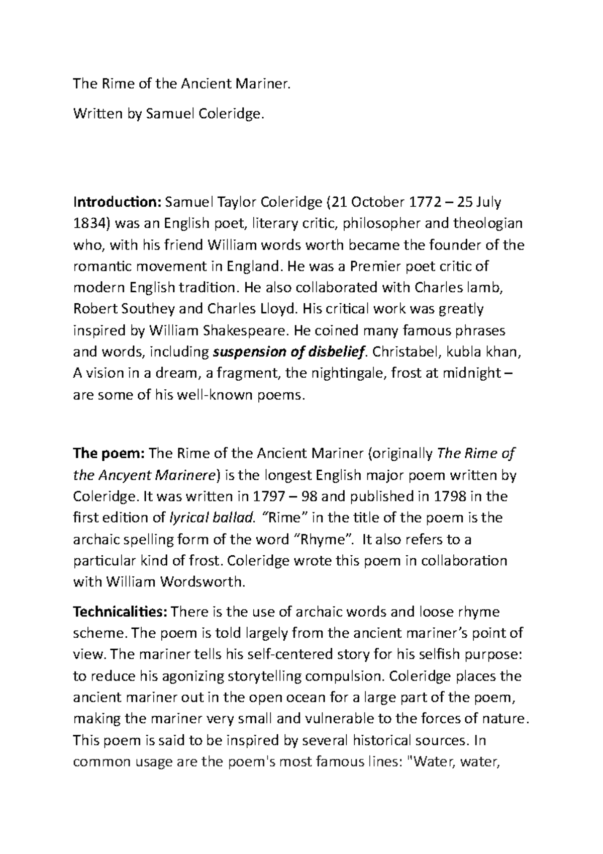 The Rime of the Ancient Mariner - Written by Samuel Coleridge ...