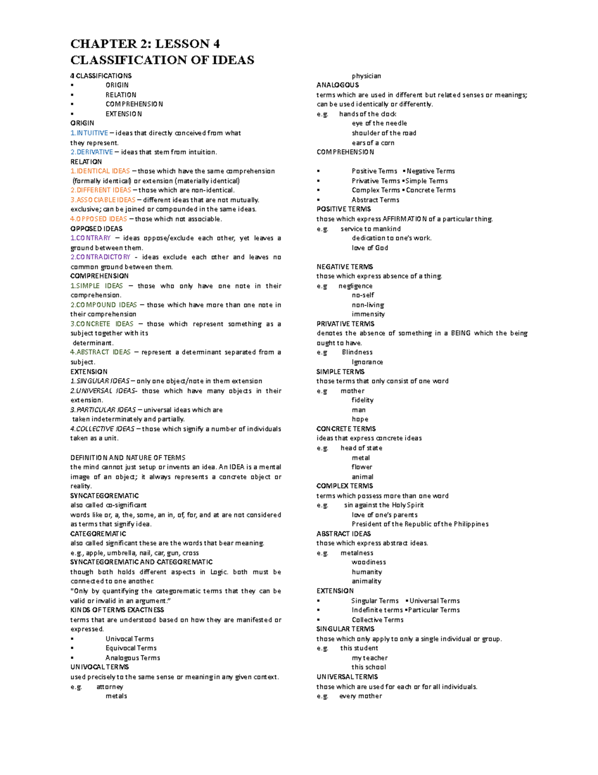 Logic (Midterms) - CHAPTER 2: LESSON 4 CLASSIFICATION OF IDEAS 4 ...