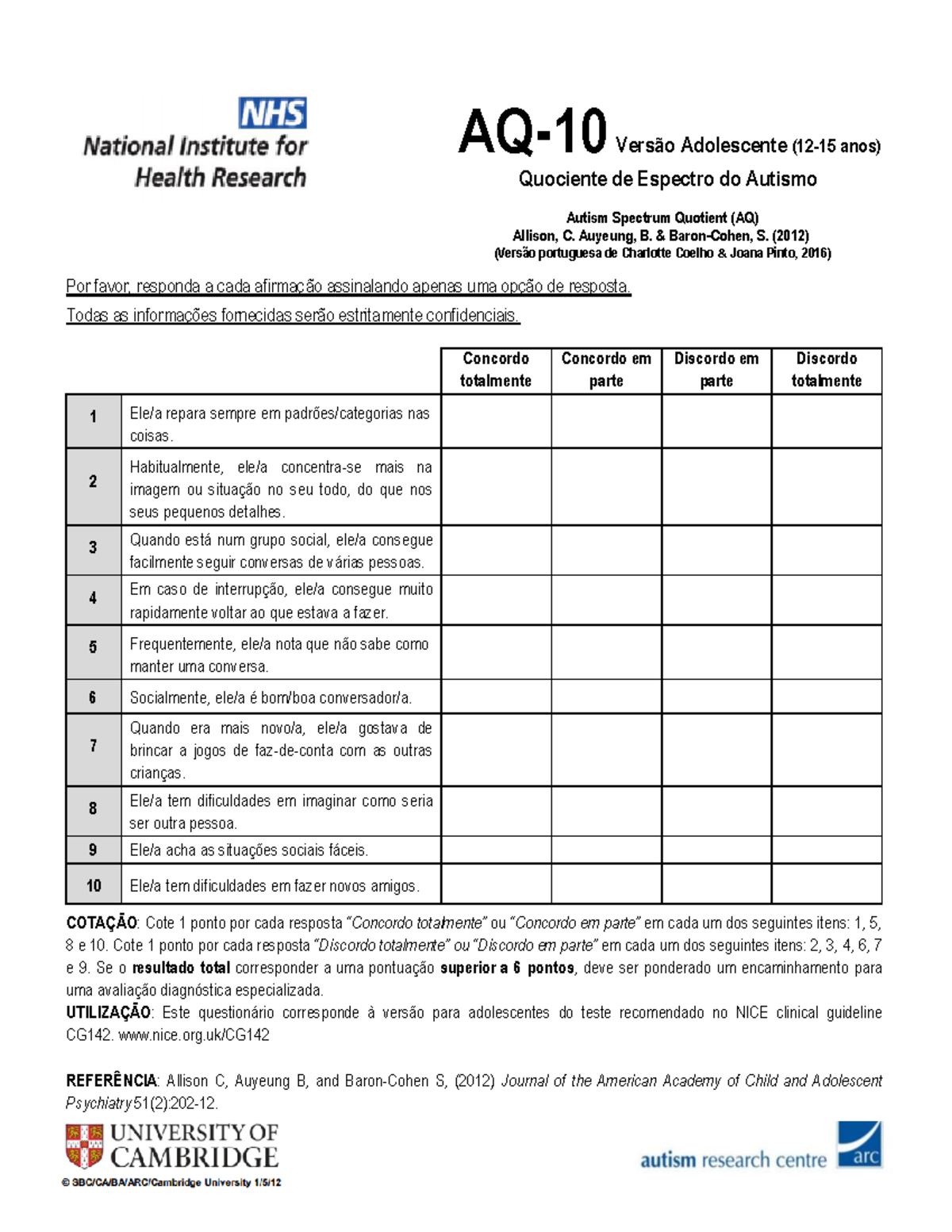 AQ10 Adolescent Portuguese - AQ-10 Vers„o Adolescente (12-15 anos ...