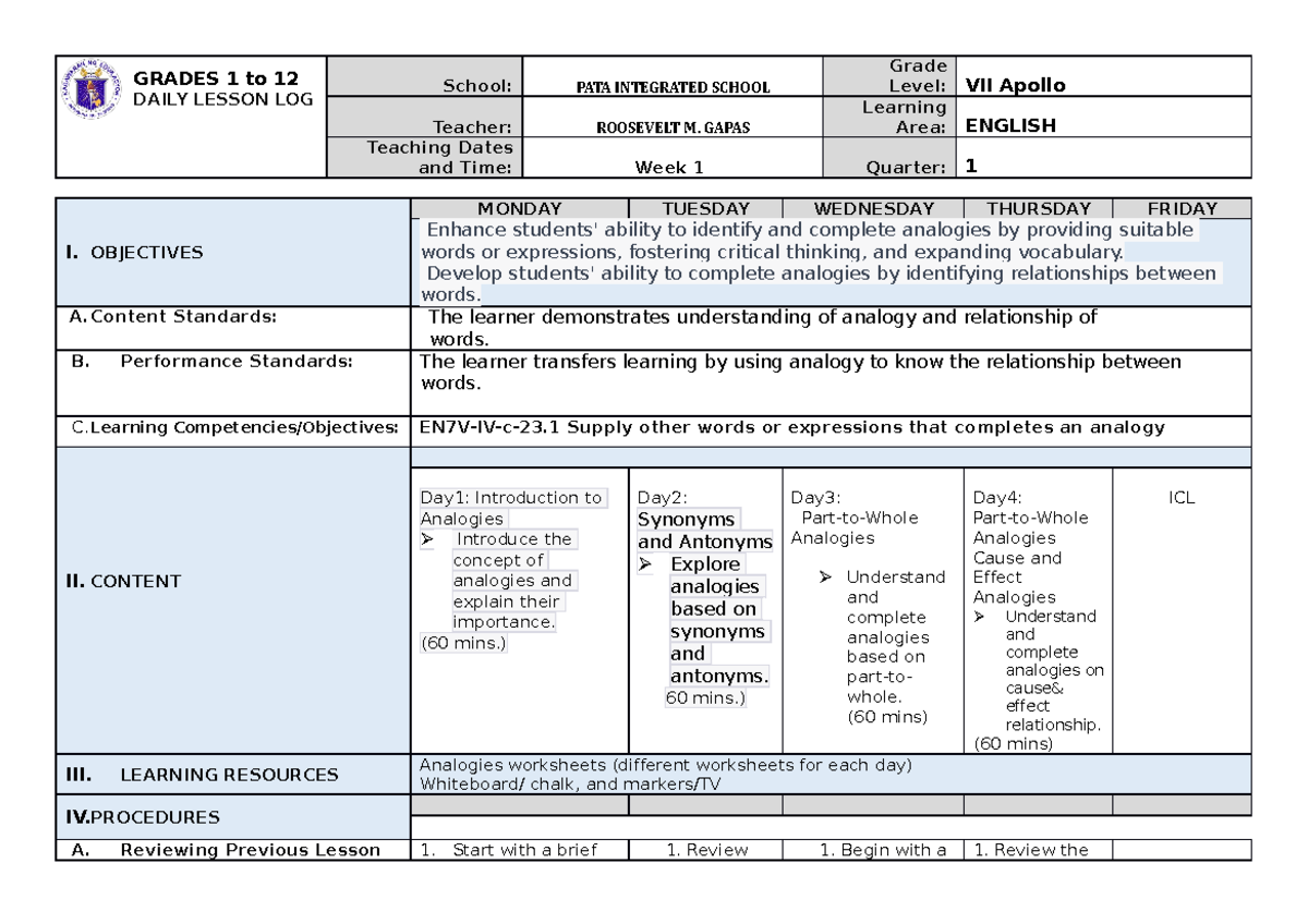 DLL 1st Quarter wk1 - GRADES 1 to 12 DAILY LESSON LOG School: PATA ...