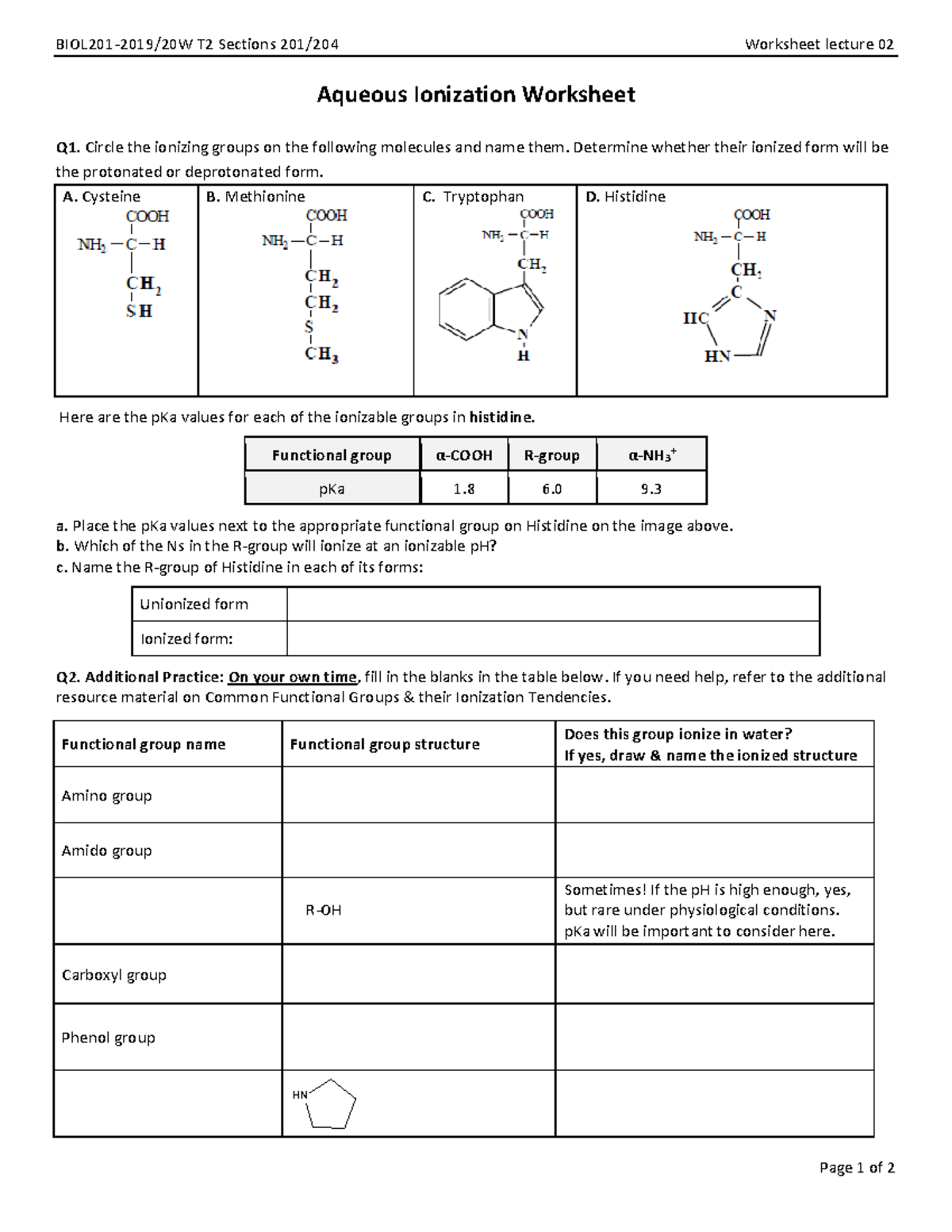 Aqueous Ionization Worksheet - Circle the ionizing groups on the ...