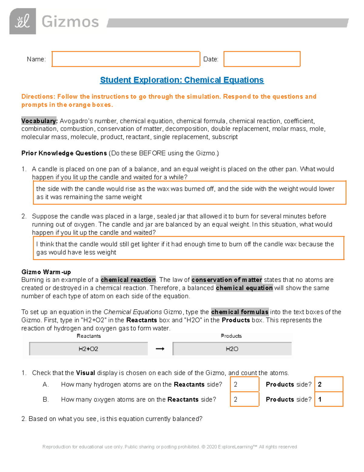 Chem Equations-Balancing-Gizmo - Name: Date: Student Exploration ...