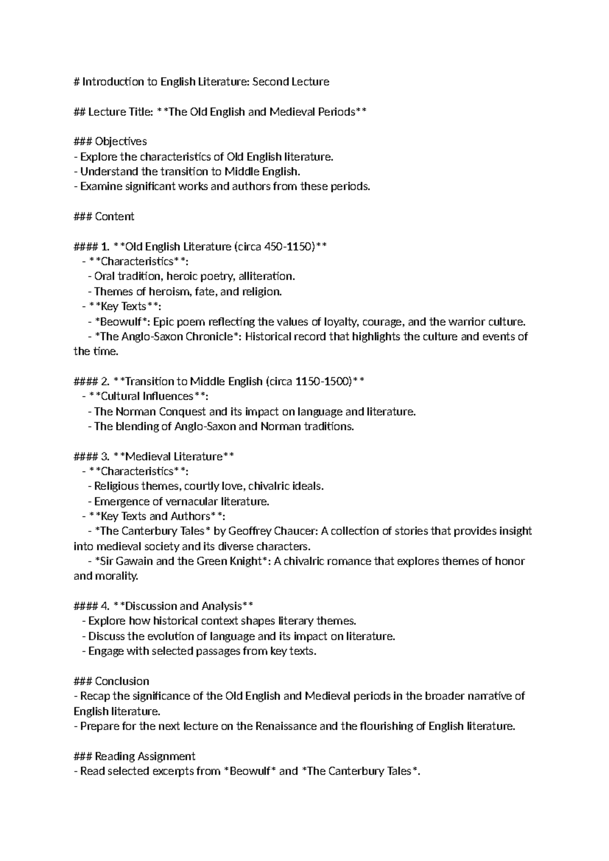 English lit lec 2 summary - Introduction to English Literature: Second ...