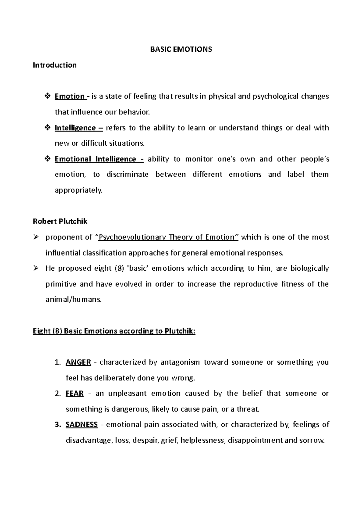 Science Development 3 - BASIC EMOTIONS Introduction Emotion - is a ...