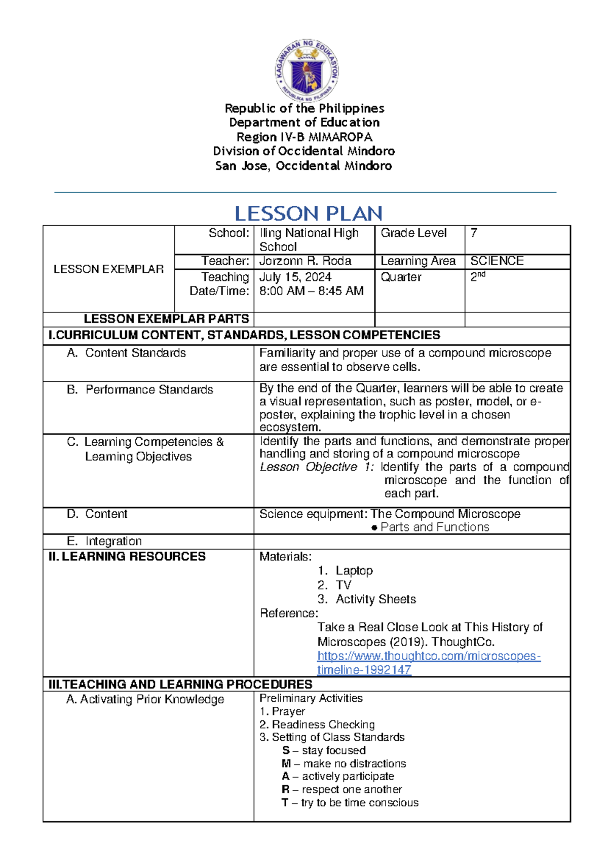 Science 7_Microscope Lesson PLAN_MATATAG - Republic of the Philippines ...