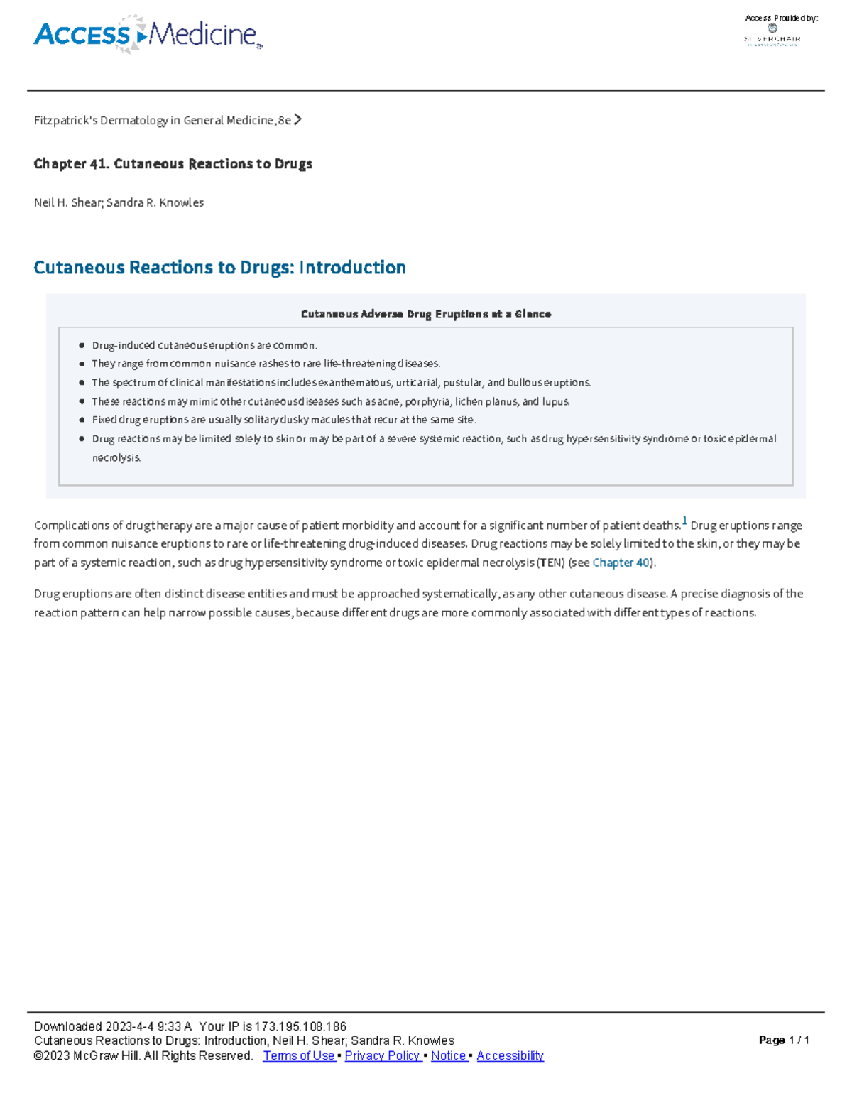 Cutaneous Reactions to Drugs Introduction - Fitzpatrick's Dermatology ...