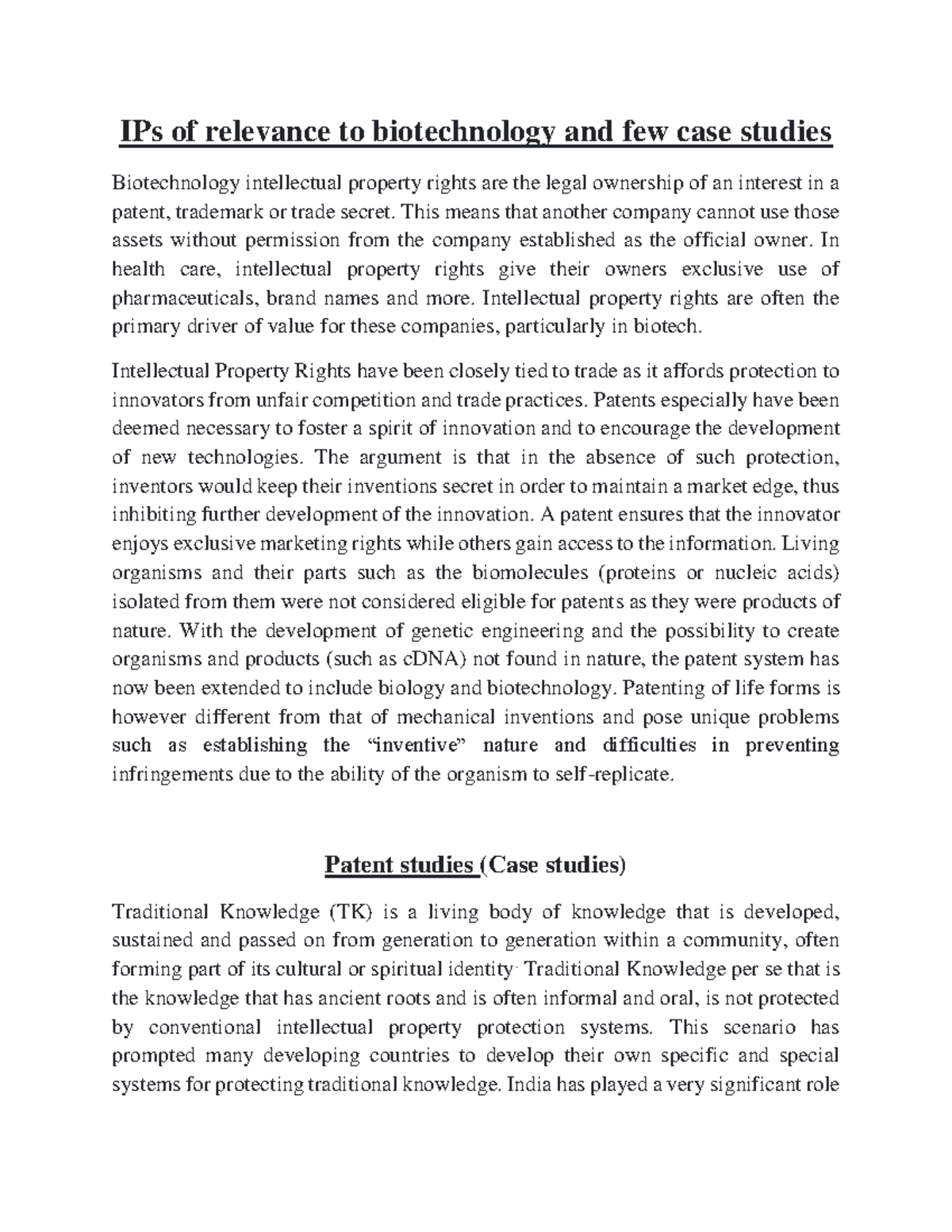 Case Studies - IPs of relevance to biotechnology and few case studies ...