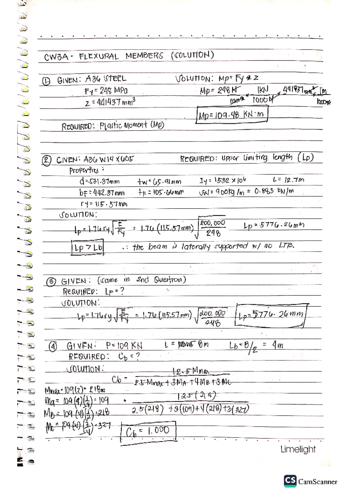 CW3A Aguado Justine - Classwork - CW3A FLEXURAL MEMBERS (SOLUTION) 1 GIVEN: A36 STEEL VOLUTION ...
