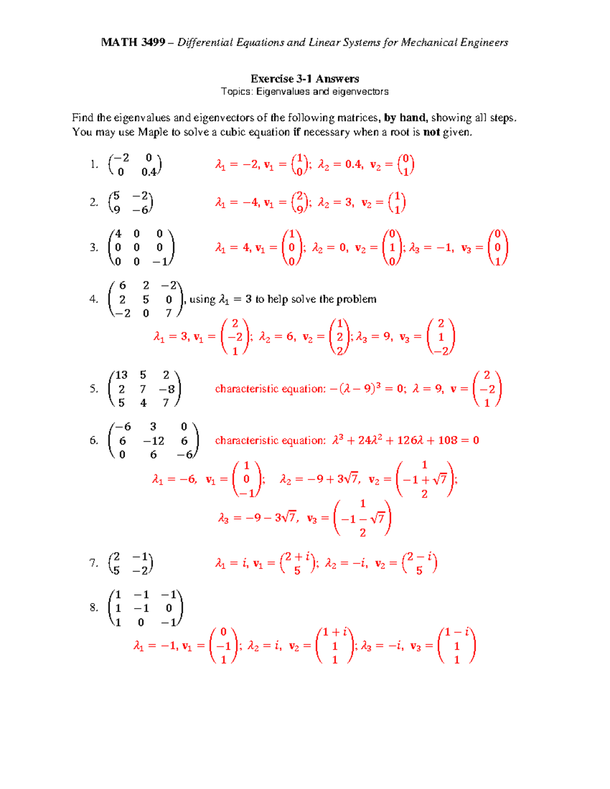 Exercise 3-1 - Answers - MATH 3499 – Differential Equations and Linear ...