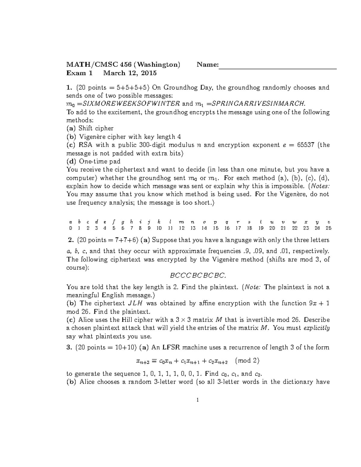 456Eone2015 a - MATH/CMSC 456 (Washington) Name: Exam 1 March 12, 2015 ...