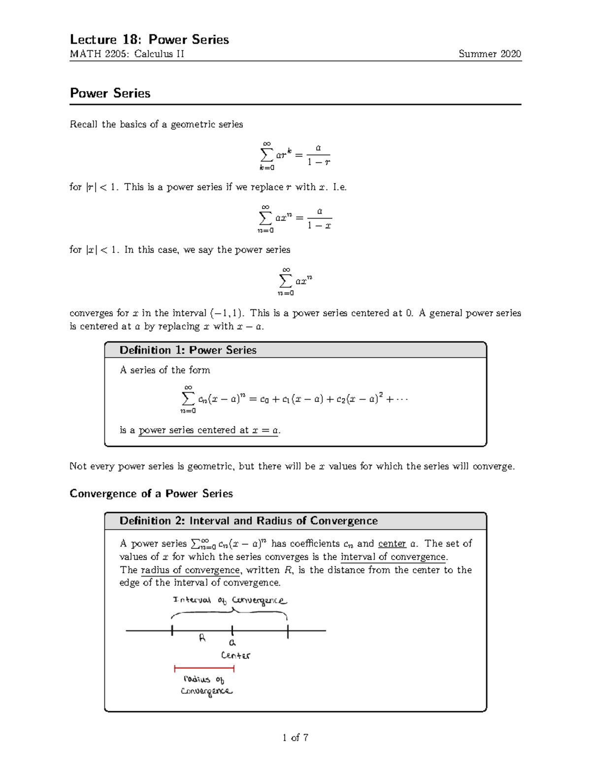 L18 - Power Series - Lecture 18: Power Series MATH 2205: Calculus II Summer 2020 Power Series ...