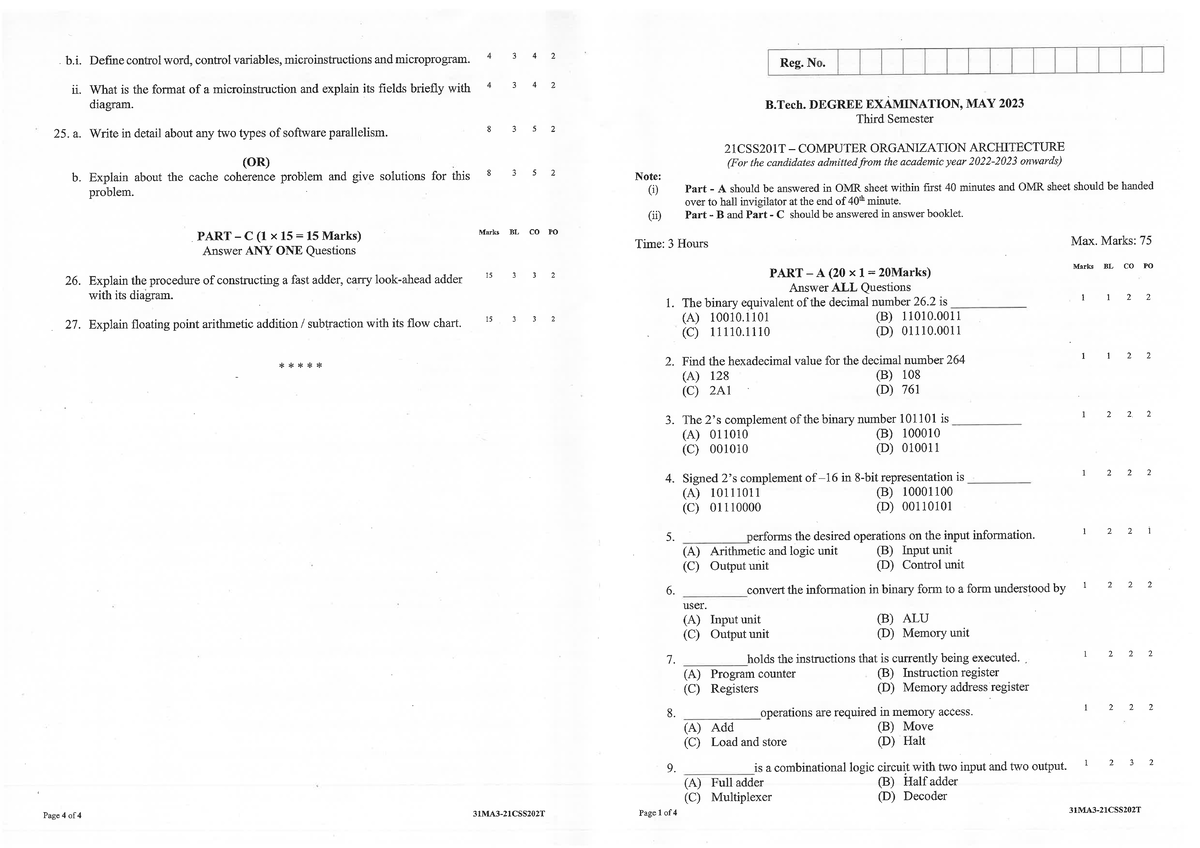 21CSS201T - Sample Question Paper - Computer Organization and ...