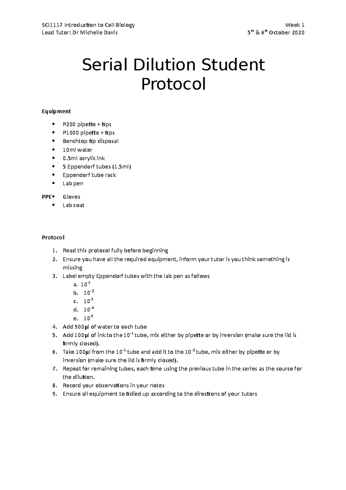 Serial Dilution Student Protocol - Serial Dilution Student Protocol Equipment P200 pipette ...