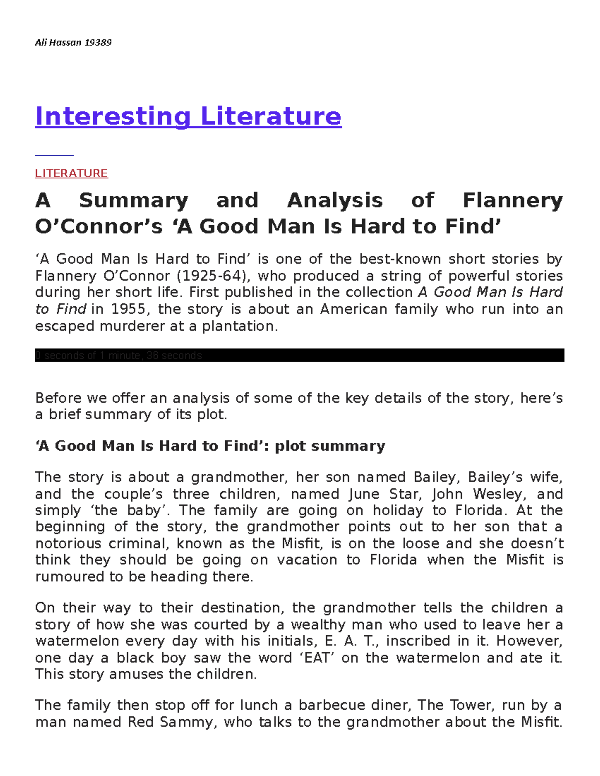 A Good Man ia Hard to Find by Flannery - Interesting Literature MENU ...