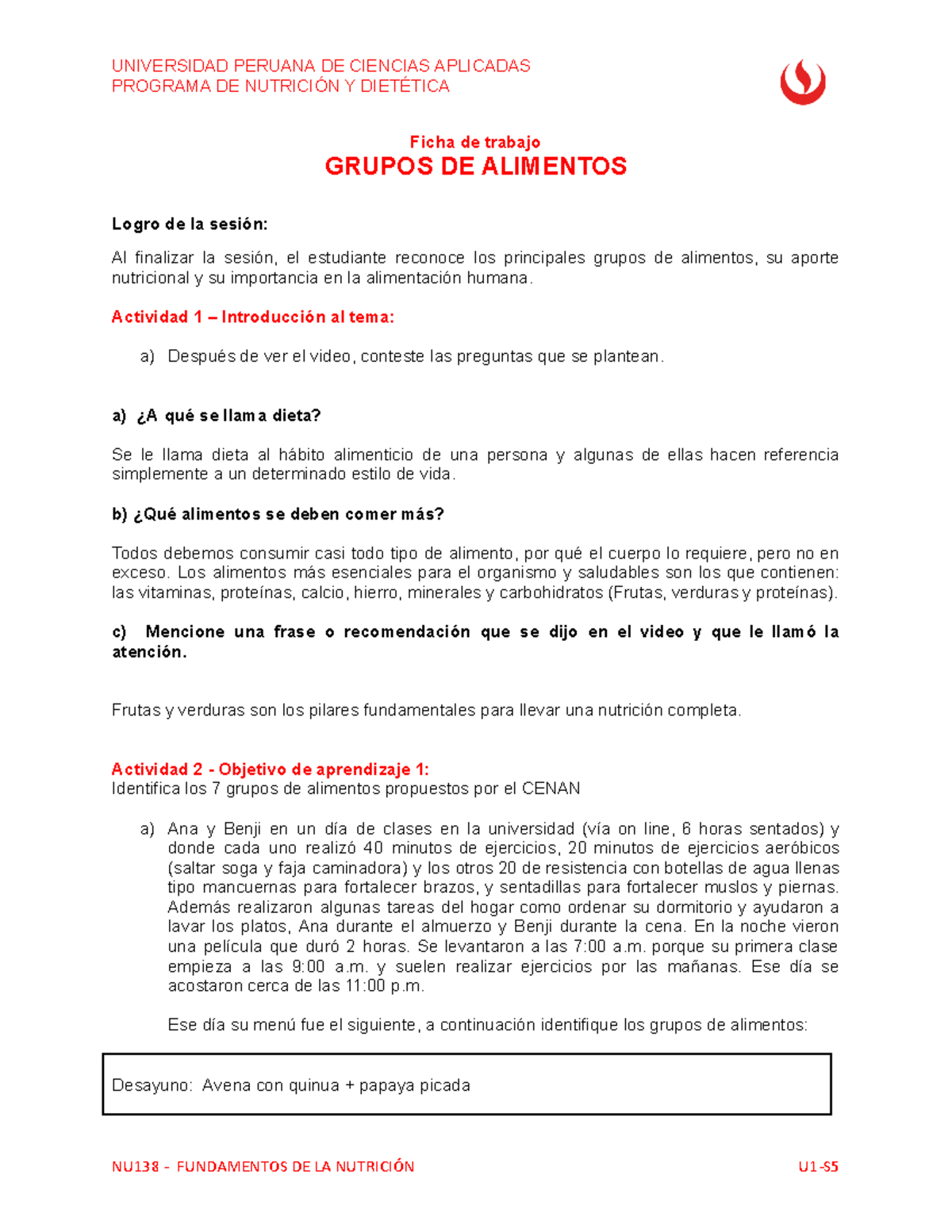 FT NU138-U1-S6-Grupos de alimentos - PROGRAMA DE NUTRICIÓN Y DIETÉTICA Ficha de trabajo GRUPOS ...