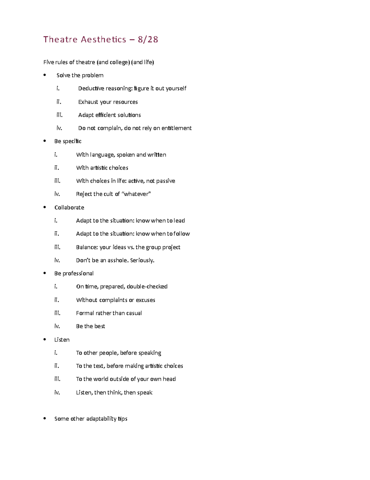 Aesthetics 1 August 28th Lecture - Theatre Aestheti cs Five rules of ...