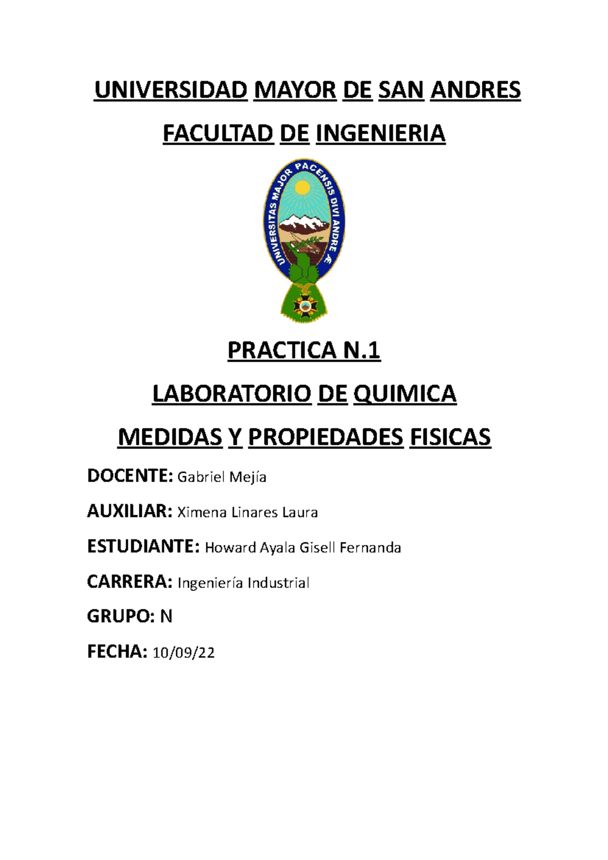 Informe DE Laboratorio Quimica - UNIVERSIDAD MAYOR DE SAN ANDRES FACULTAD DE INGENIERIA PRACTICA ...