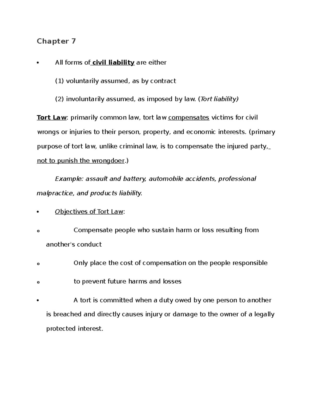 Chapter 7 business law - Chapter 7 All forms of civil liability are ...