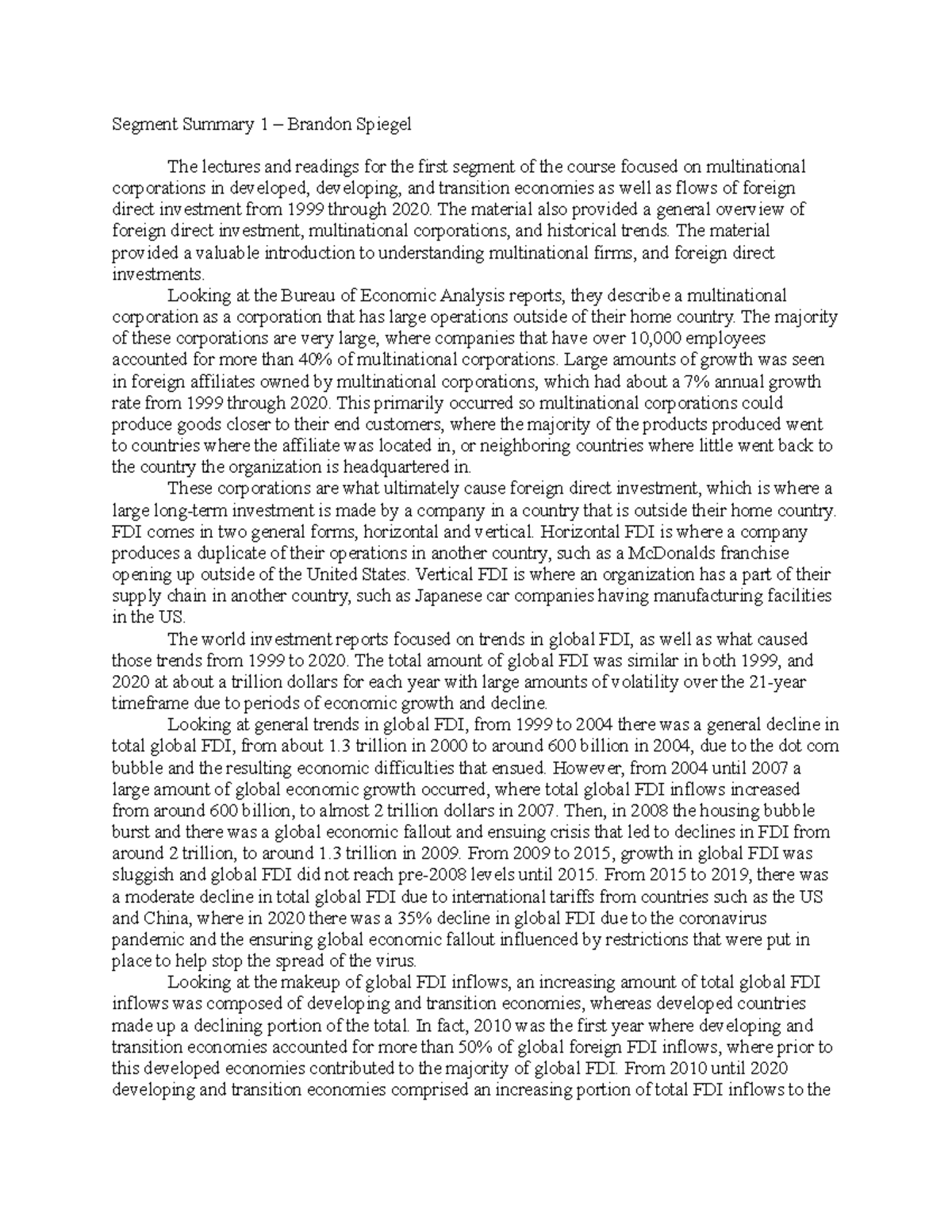 Summary 12 - Segment Summary 1 – Brandon Spiegel The lectures and ...
