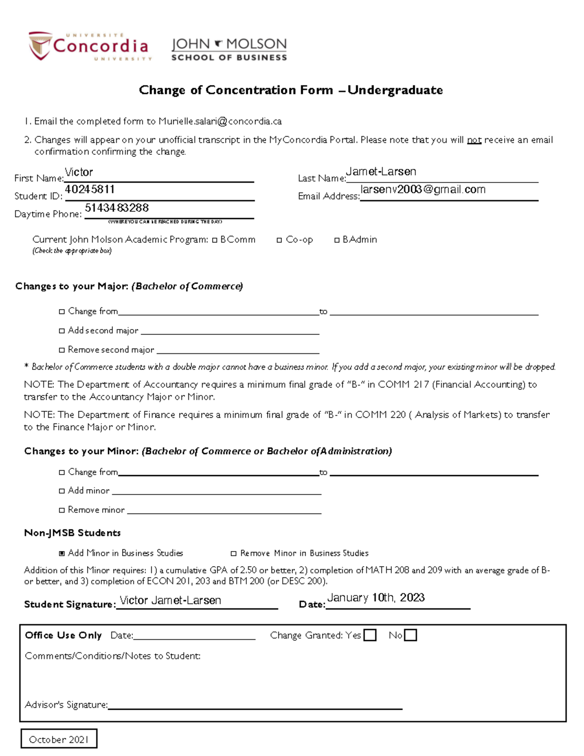 Change of Concentration Form December 2021 - Office Use Only Date ...