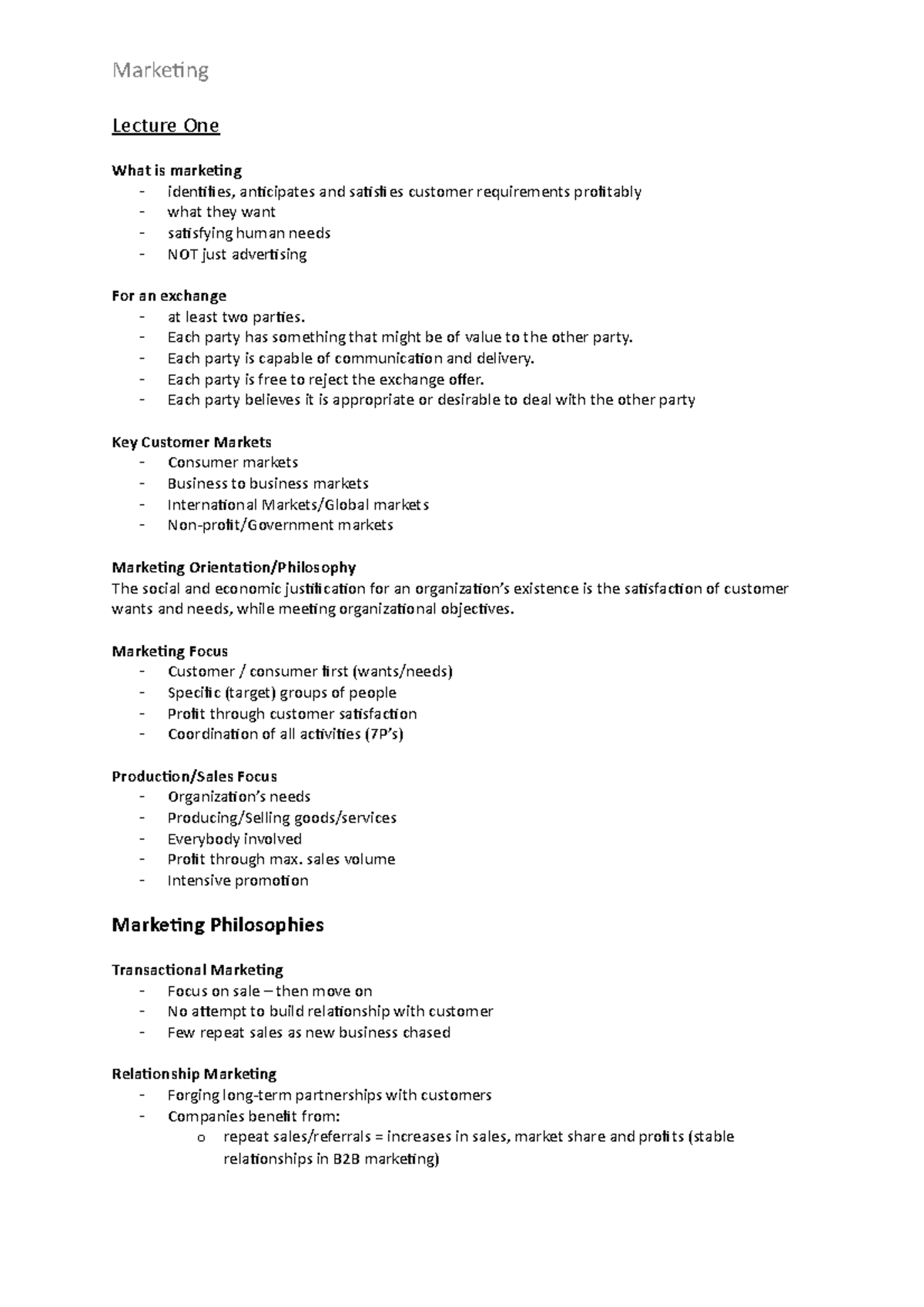 Marketing - Lecture notes 1-7 - Marketing Lecture One What is marketing ...