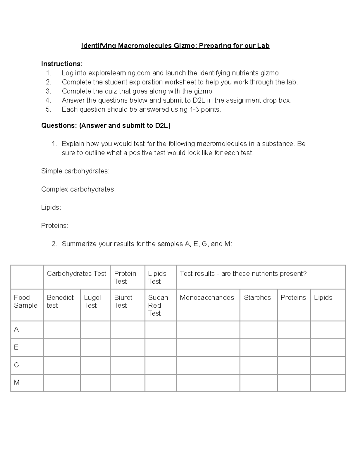 1.6 Identifying Macromolecules Gizmo Preparing for our Lab ...