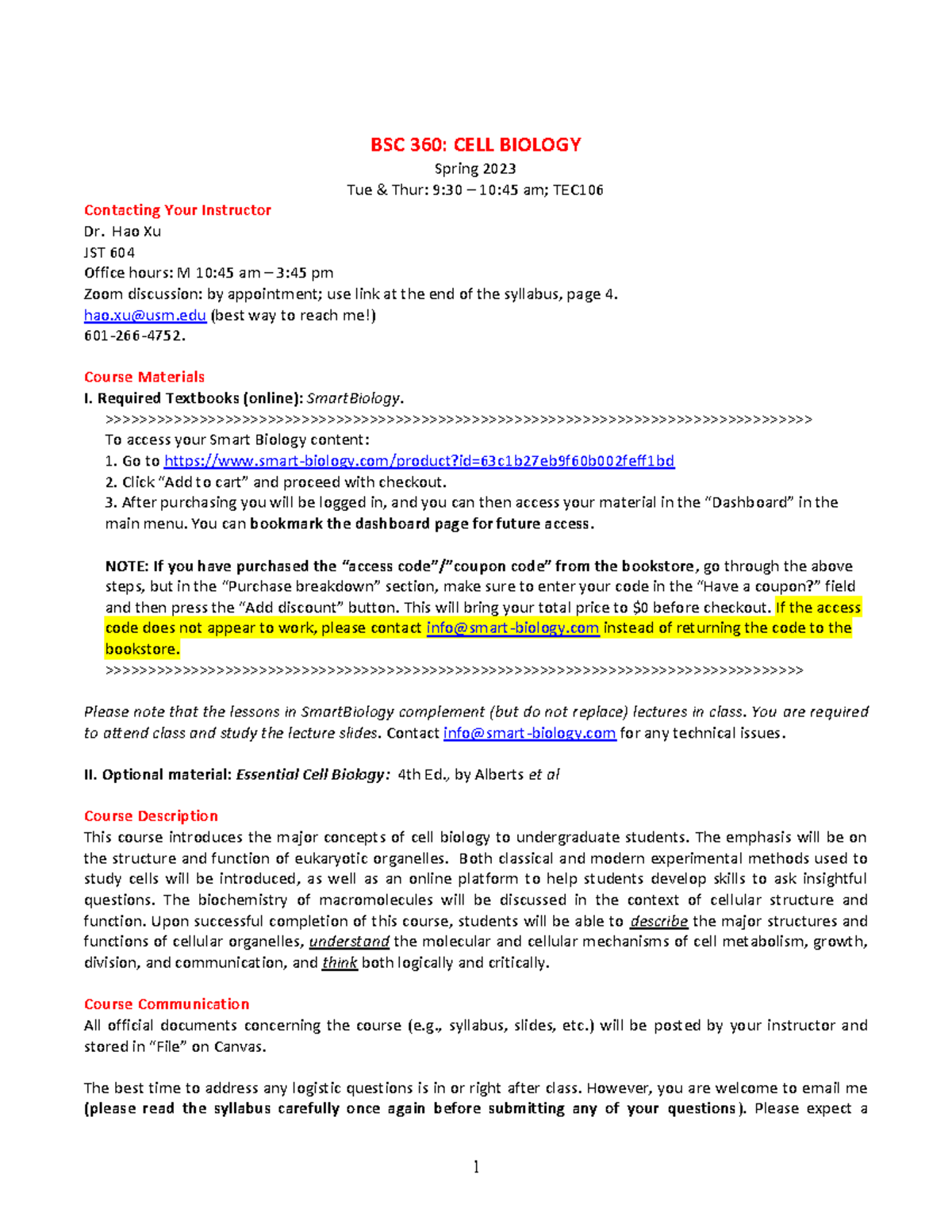 Cell biology syllabus - *** - BSC 360: CELL BIOLOGY Spring 2023 Tue ...