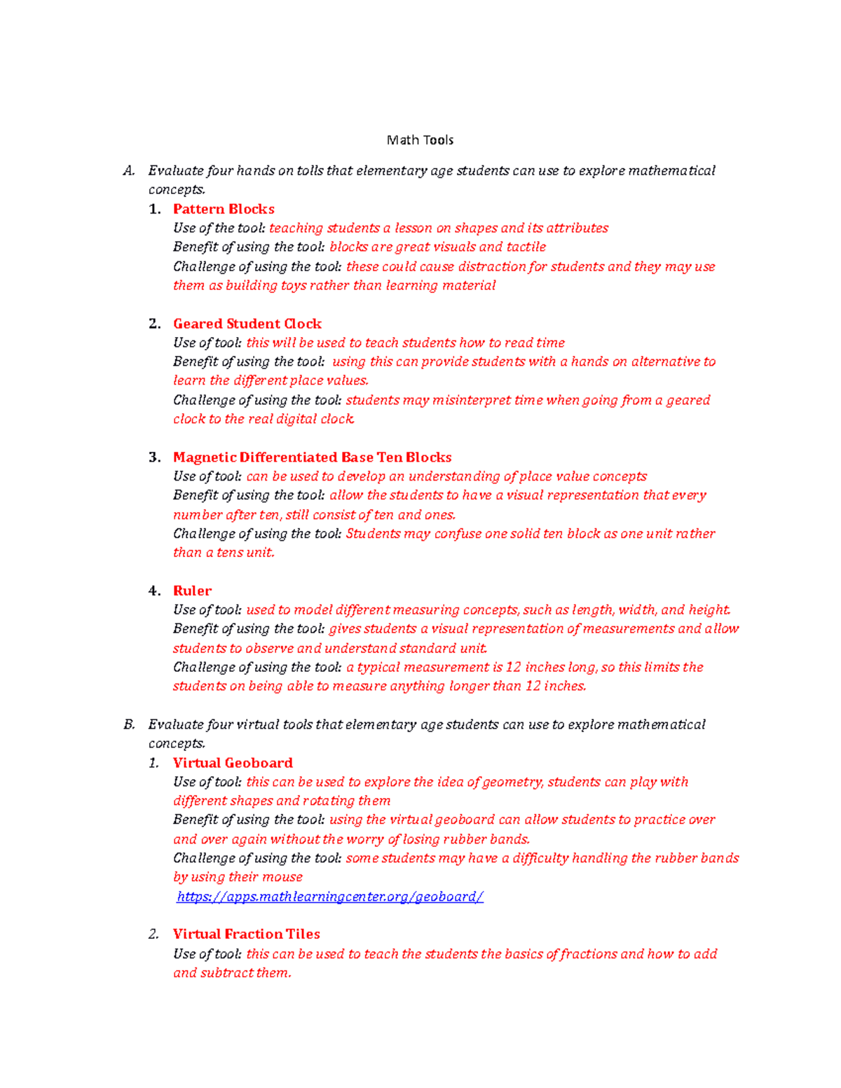 Task 1- Math Tools - Math Tools A. Evaluate four hands on tolls that elementary age students can ...