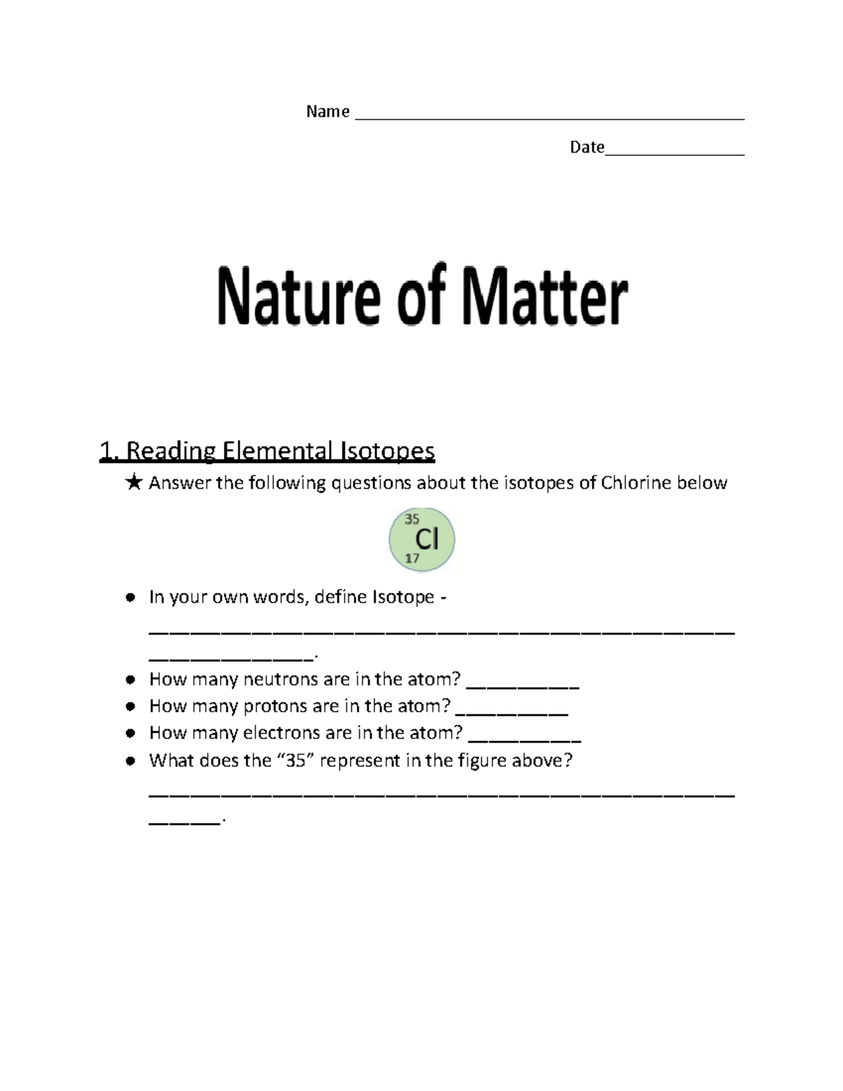 Nature of Matter Worksheet - Name ...