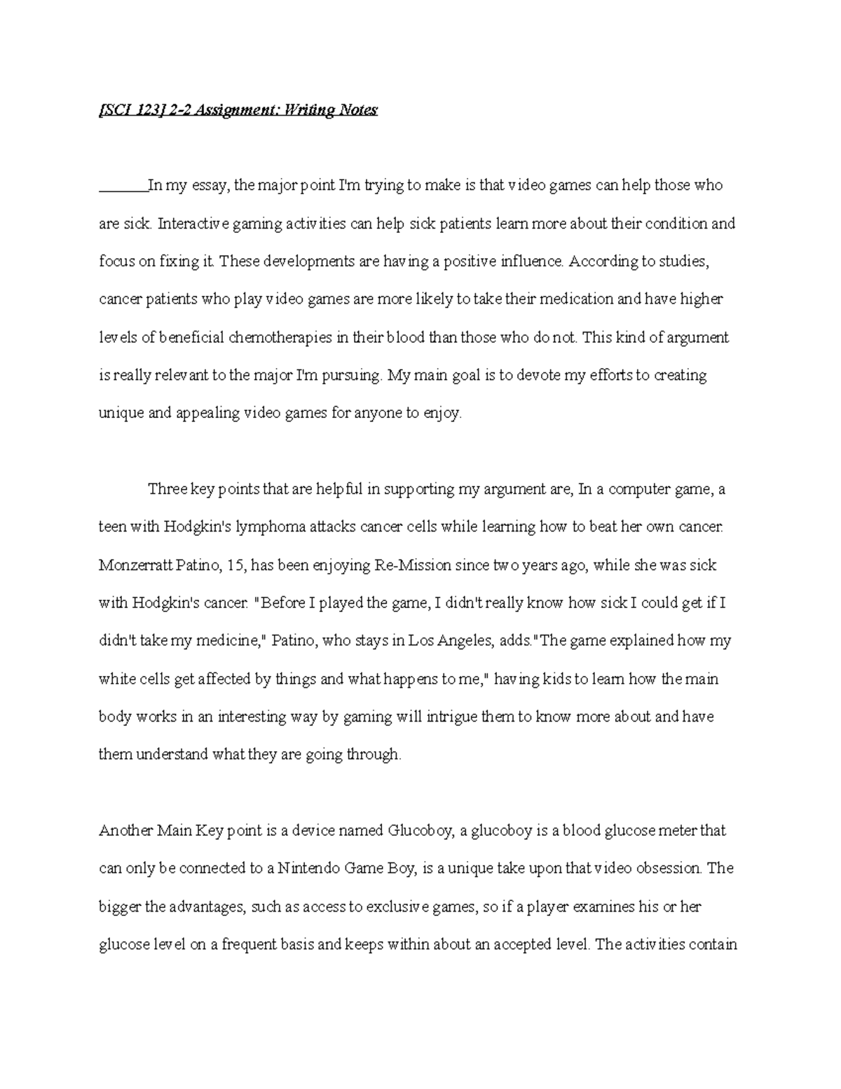 [SCI 123] 2-2 Assignment Writing Notes - Interactive gaming activities ...