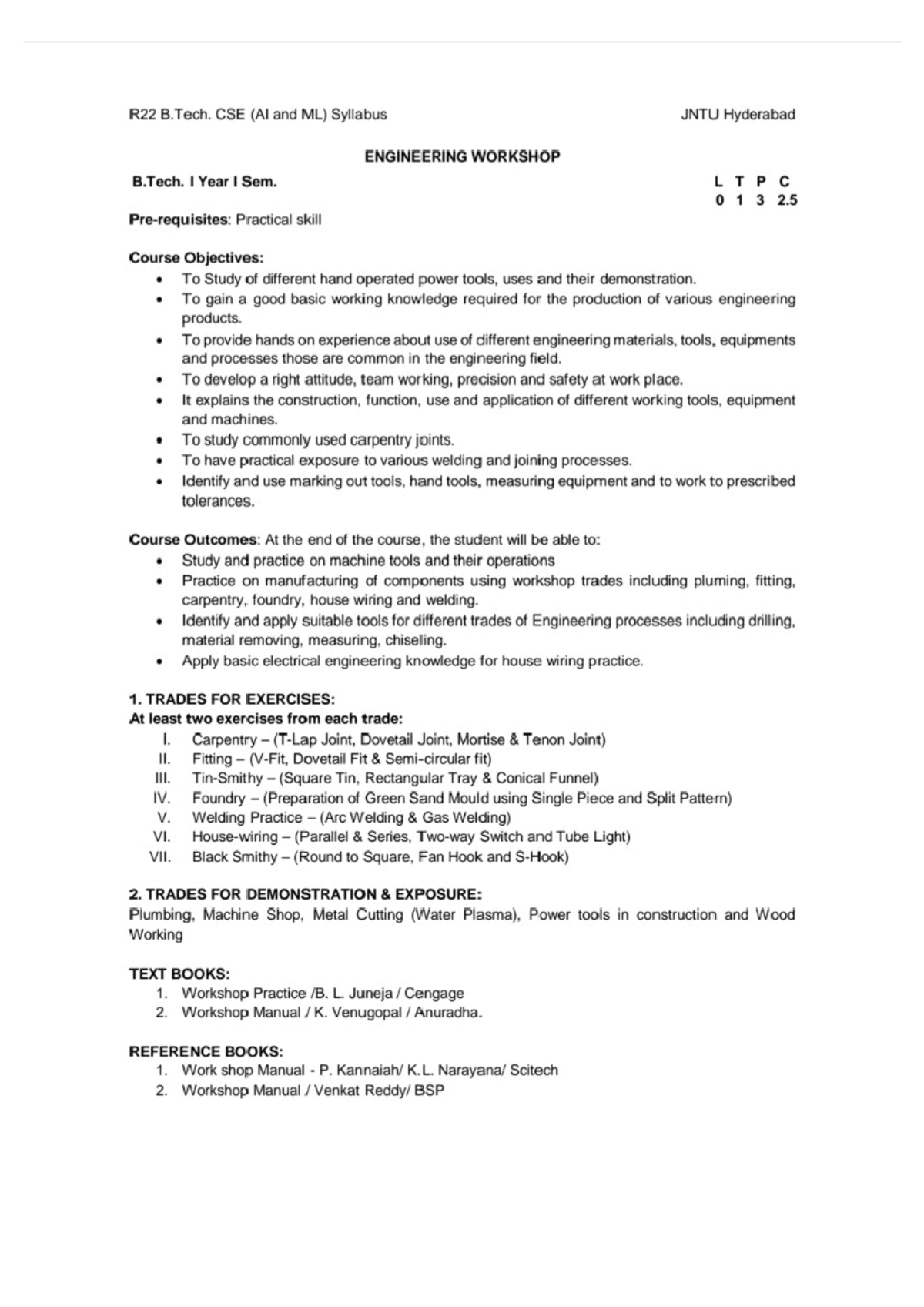 Workshop R22 Syllabus COPY - R22 B. Tech. CSE (AI and ML) Syllabus JNTU ...