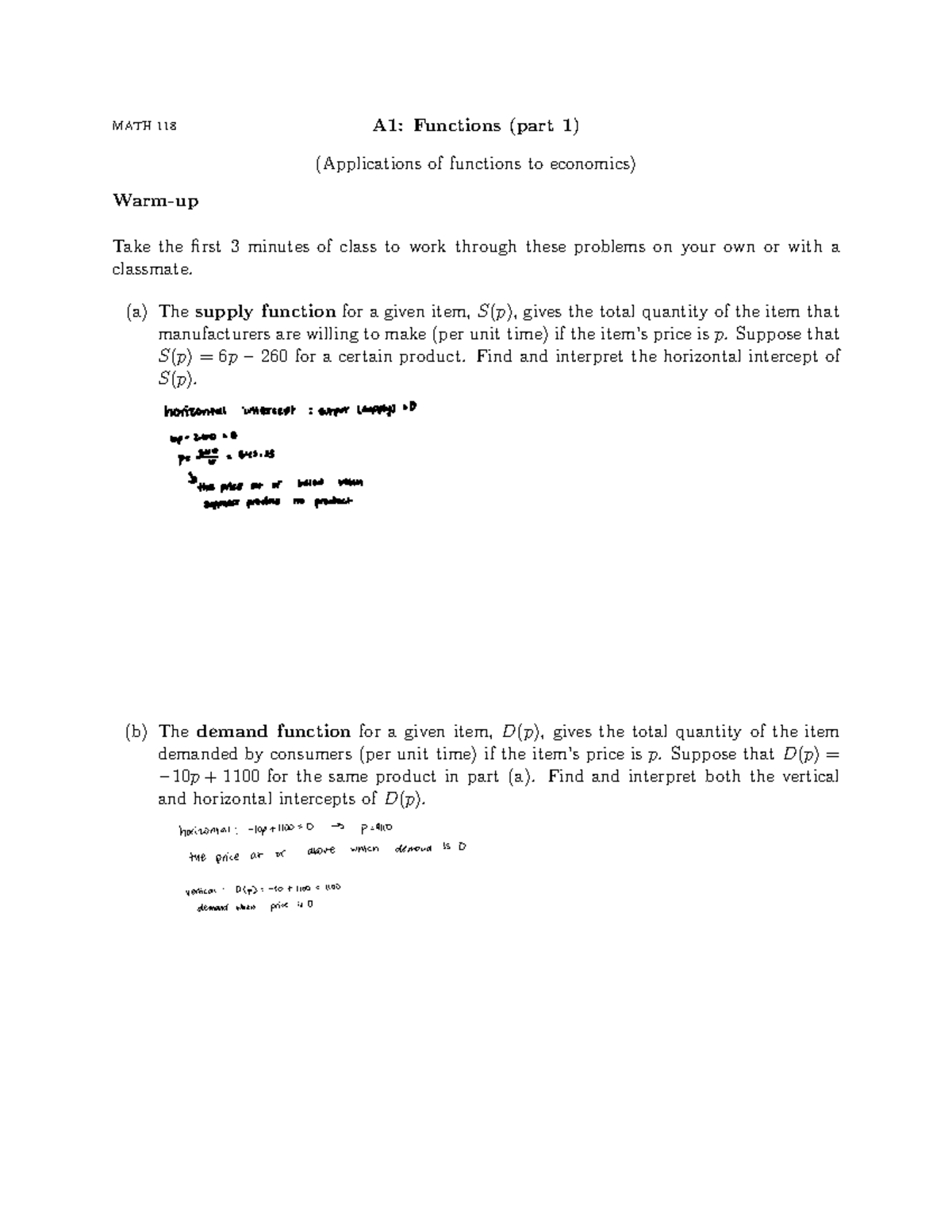 A1 - Functions (part 1) - unit one practice problems / notes - MATH 118 ...