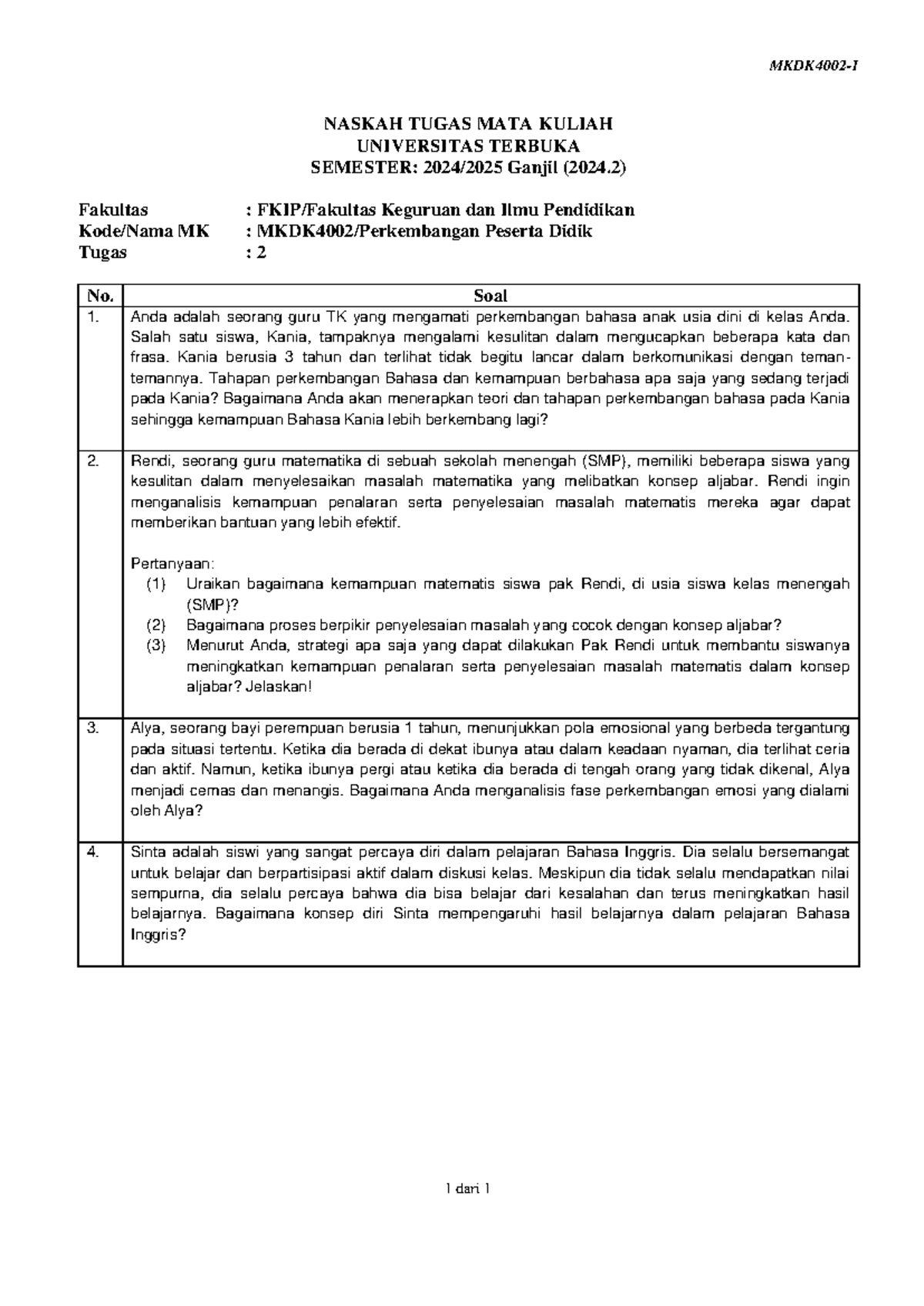 Soal mkdk4002 tmk2 1 - MKDK4002- 1 1 dari 1 NASKAH TUGAS MATA KULIAH UNIVERSITAS TERBUKA ...