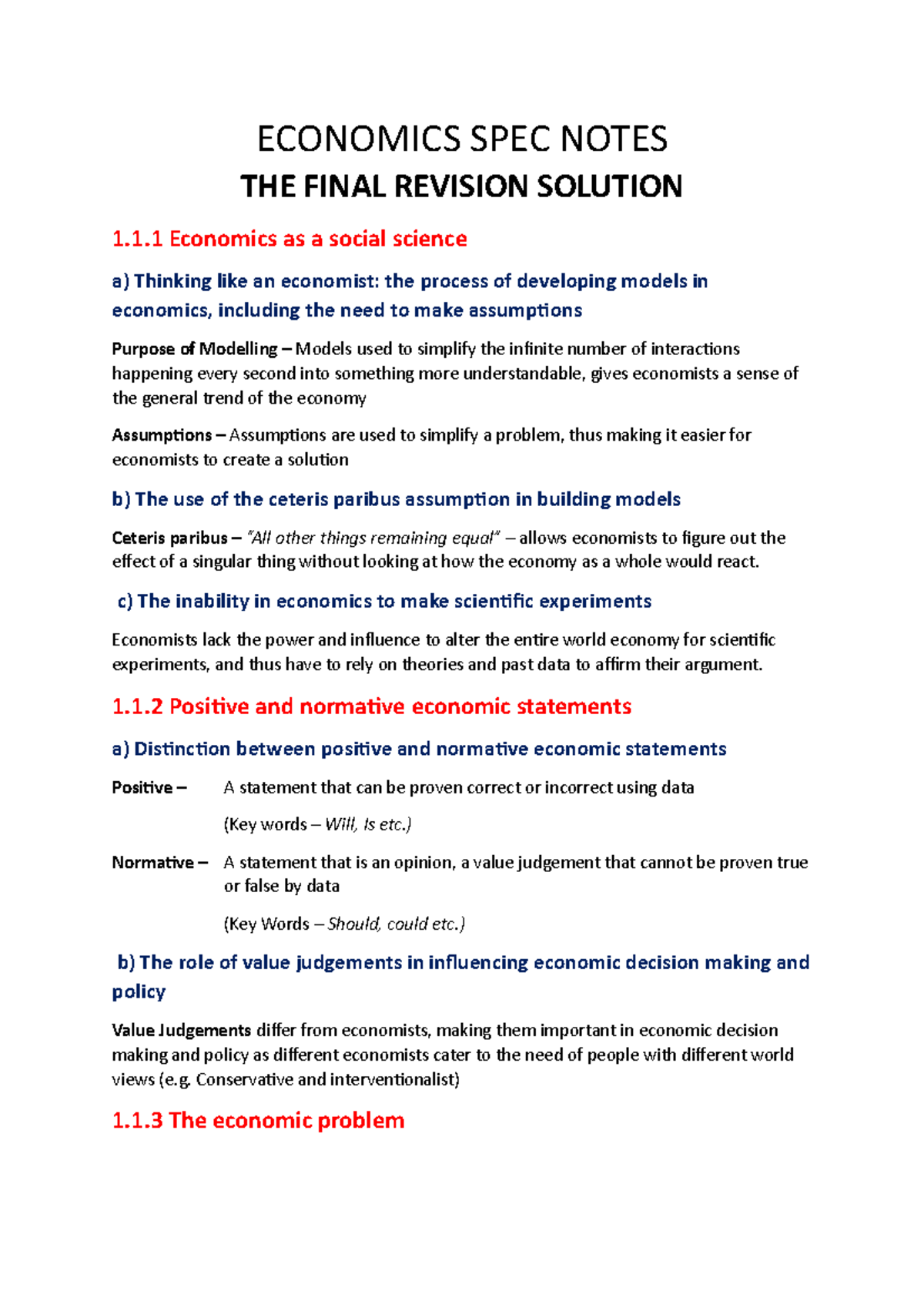Economics Notes - ECONOMICS SPEC NOTES THE FINAL REVISION SOLUTION 1.1 ...