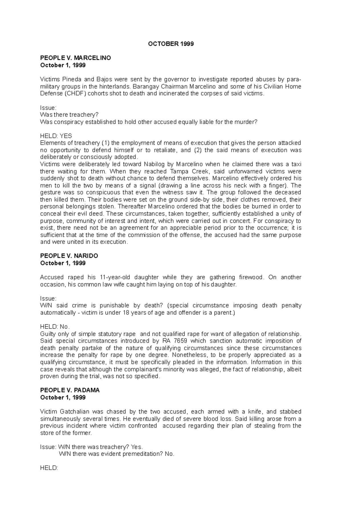 Completecrimdigests - Digests - OCTOBER 1999 PEOPLE V. MARCELINO ...