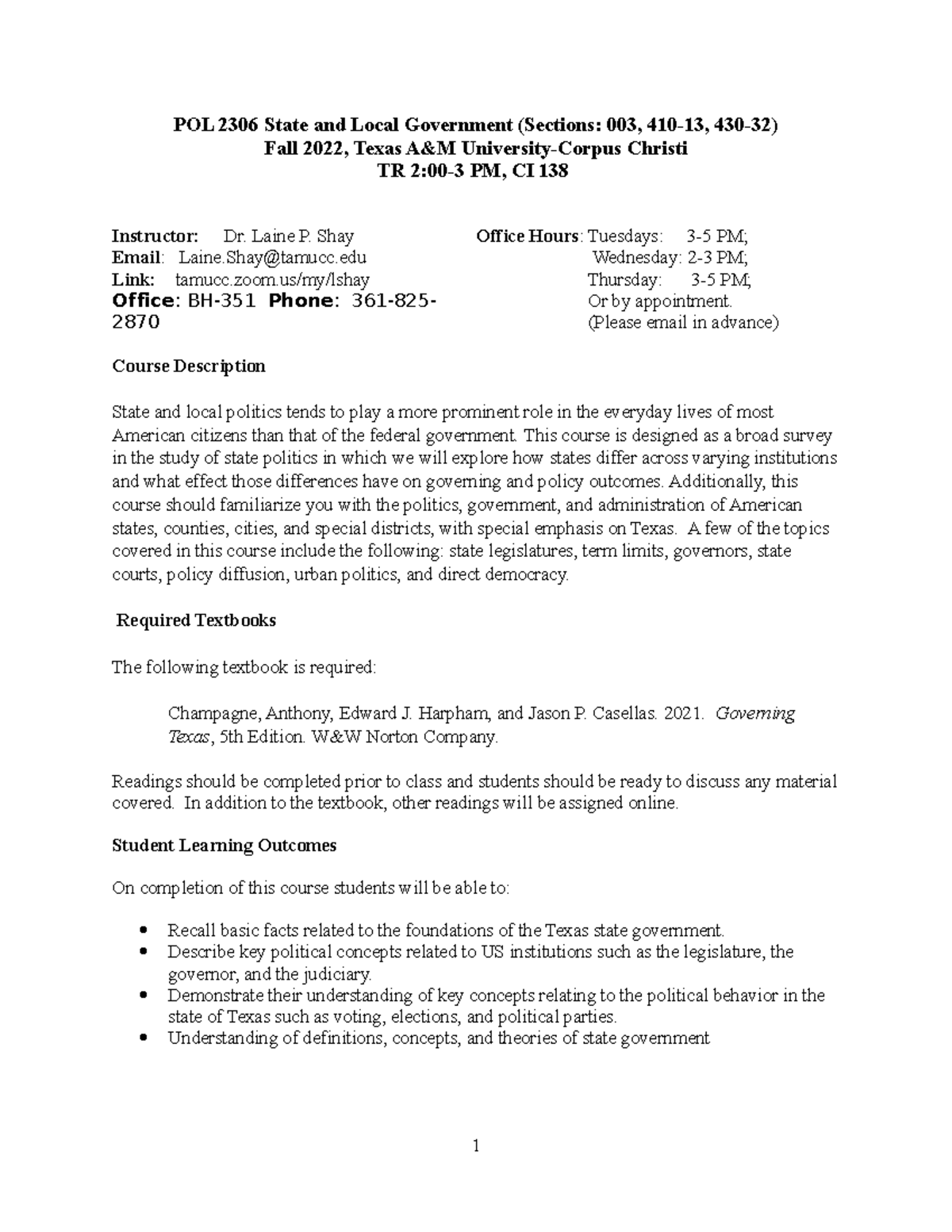 POLS 2306 Syllabus - good - POL 2306 State and Local Government ...