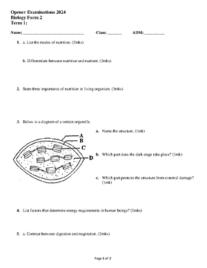 Biology form 3 Term 1 2024 - Opener Examinations 2024 Biology Form 3 ...