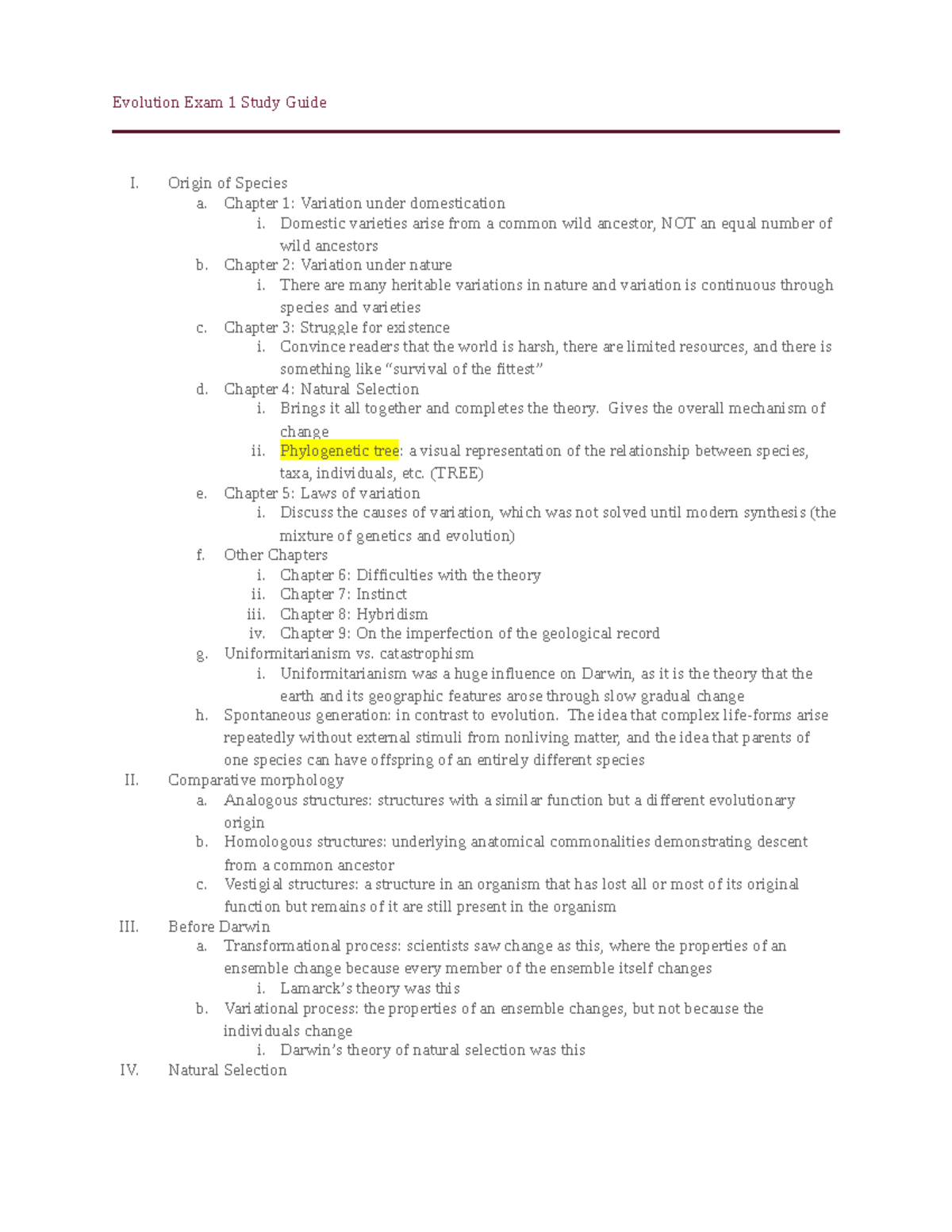 Evolution Exam 1 Study Guide - Evolution Exam 1 Study Guide I. Origin of Species a. Chapter 1 ...
