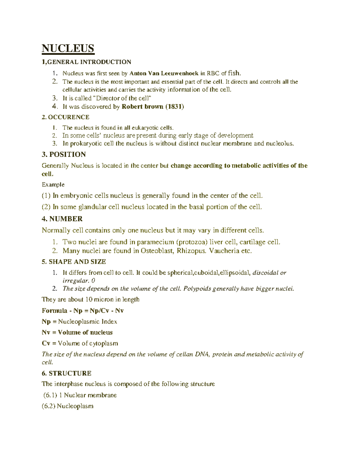 Cytology Notes for Nucleus - NUCLEUS 1,GENERAL INTRODUCTION 1. Nucleus ...