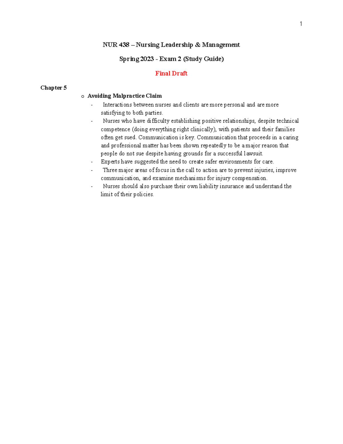 Leadership Exam 2 Study Guide - NUR 438 – Nursing Leadership ...