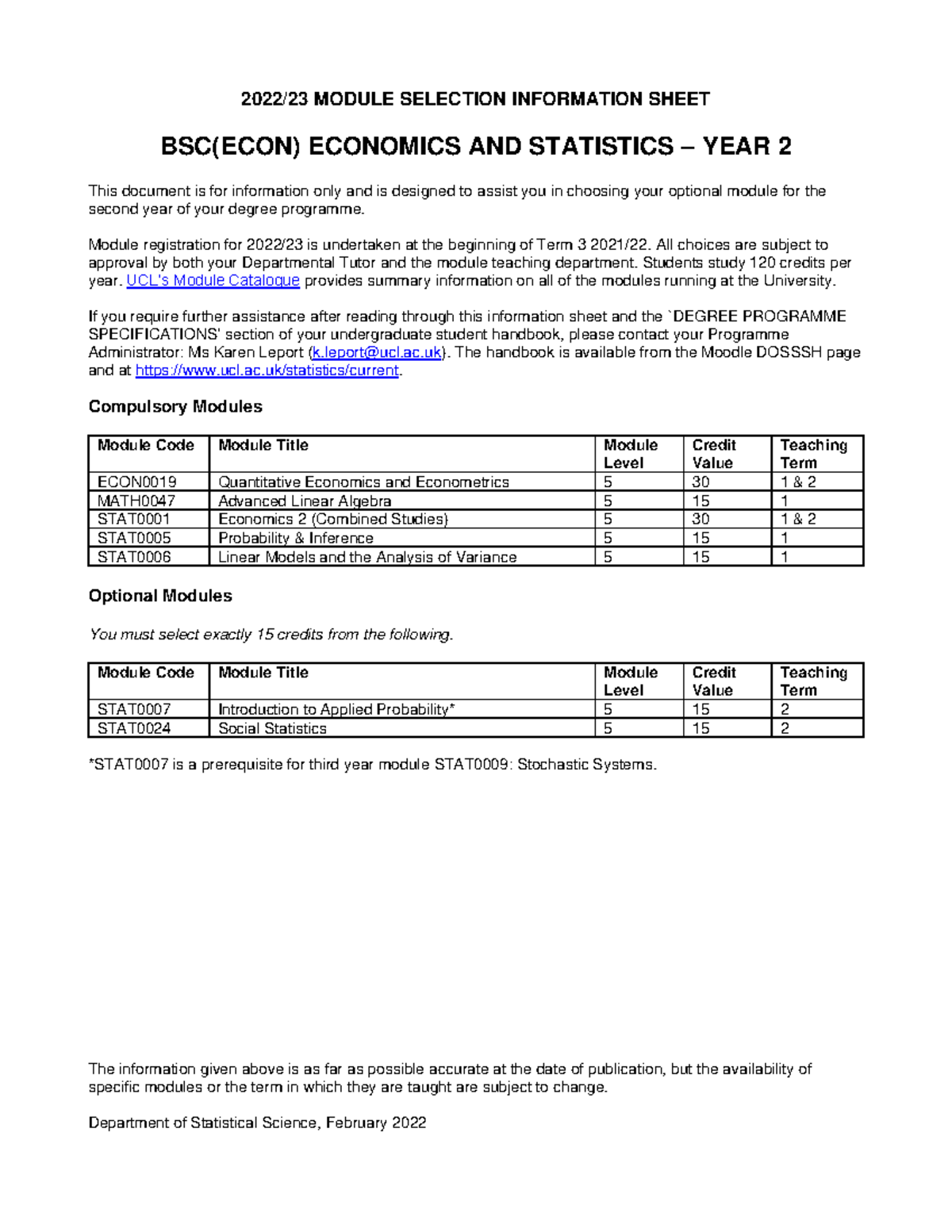Econ Stats Year 2 - 00000001111 - 2022/23 MODULE SELECTION INFORMATION ...