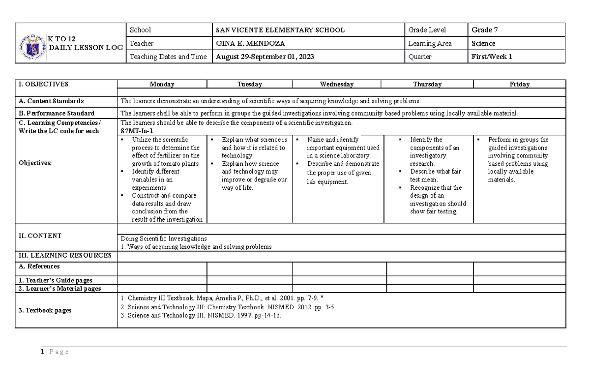 Science Dll Grade 7 Q1 Week 1 - K TO 12 DAILY LESSON LOG School SAN ...