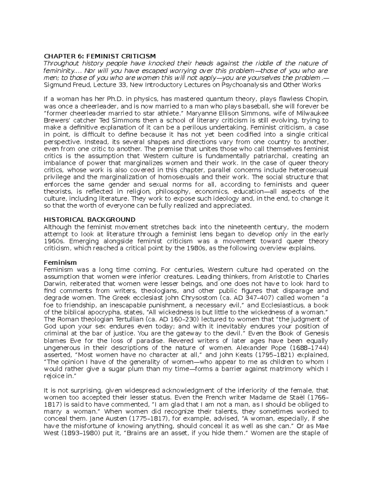 Literary Criticism Chapter 6 - CHAPTER 6: FEMINIST CRITICISM Throughout ...