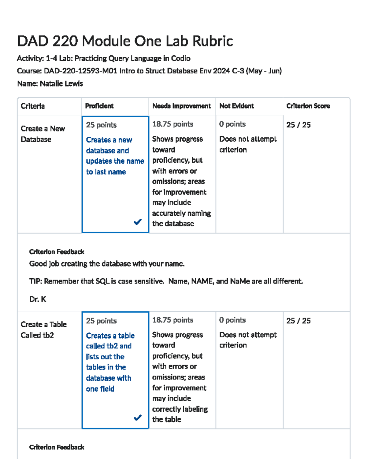 Feedback For 1 4 Lab Practicing Query Dad 220 Module One Lab Rubric Activity Lab Practicing 