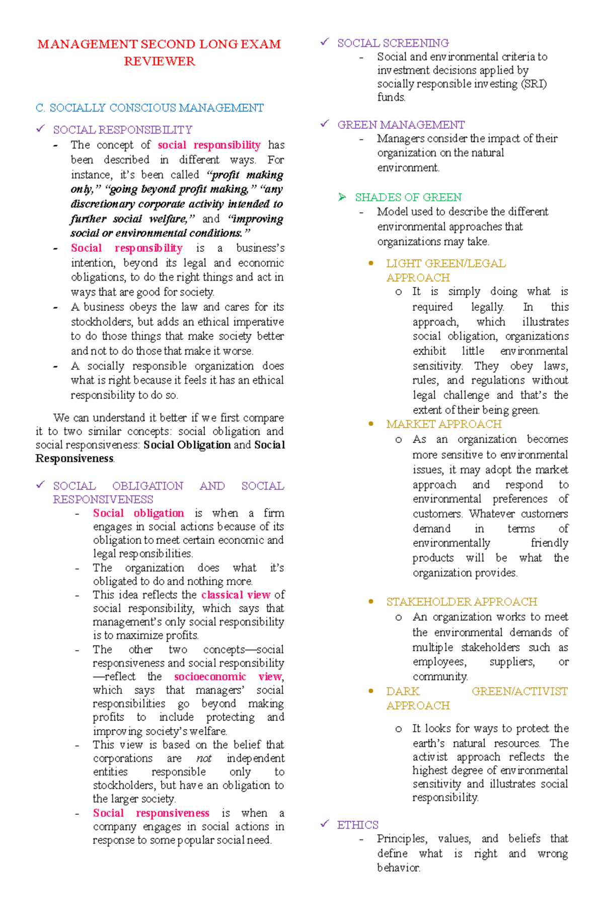 Management Second LONG EXAM Reviewer - MANAGEMENT SECOND LONG EXAM REVIEWER C. SOCIALLY ...