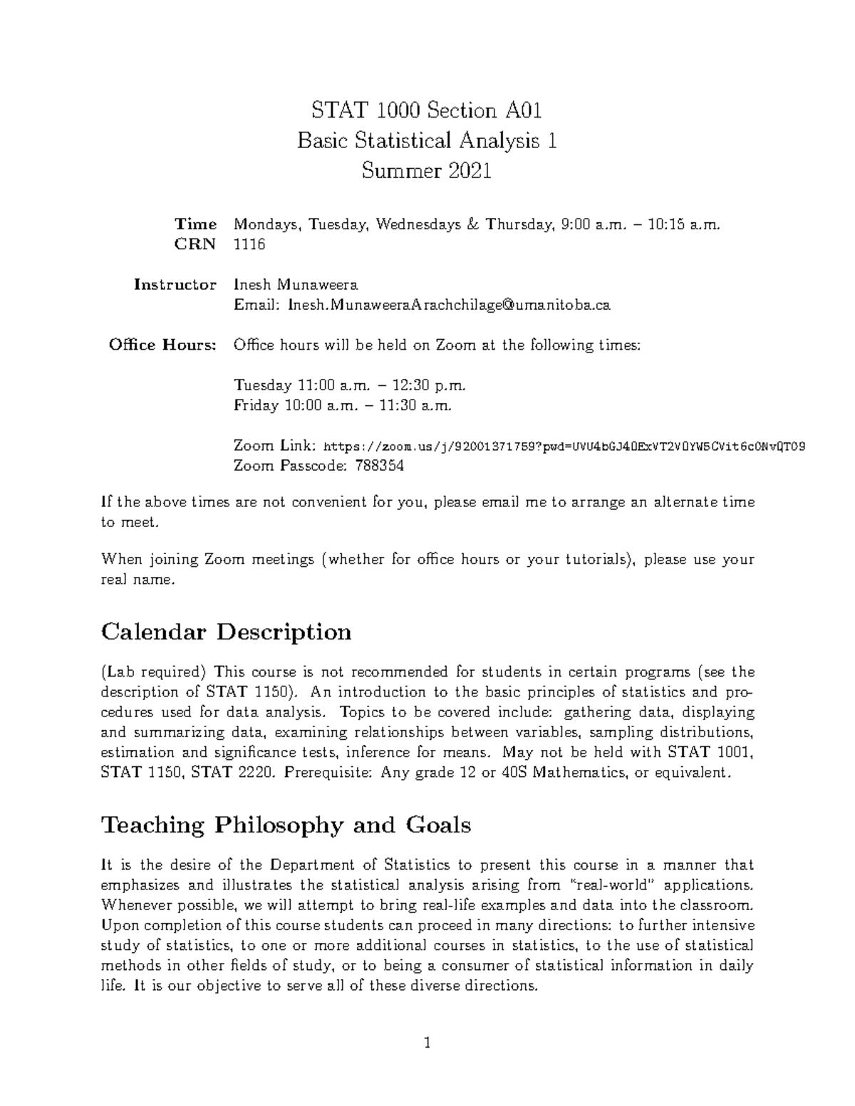 Statistics 1000 Course Outline 2022 - STAT 1000 Section A Basic ...